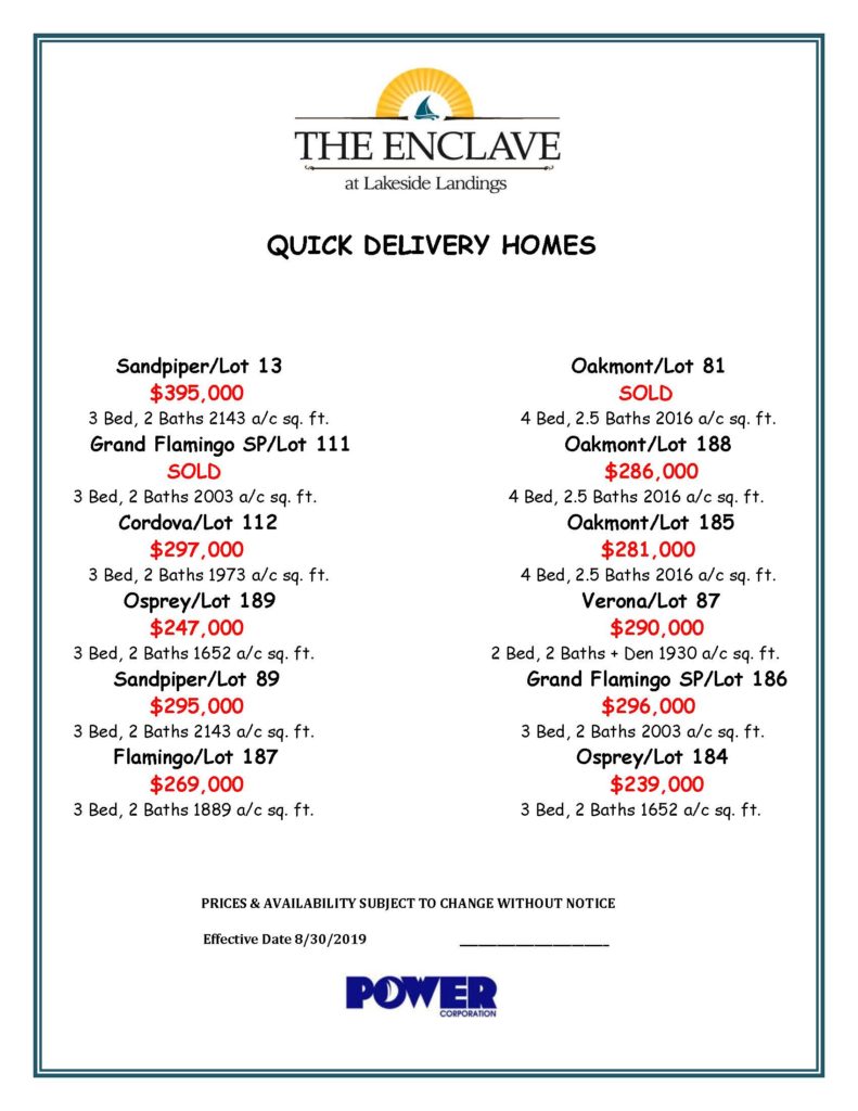 Enclave Quick Delivery – Price List | Lakeside Landings