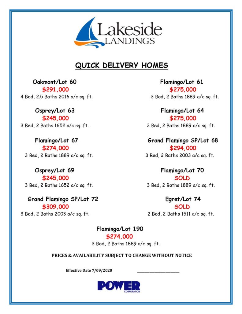 Enclave Quick Delivery – Price List | Lakeside Landings